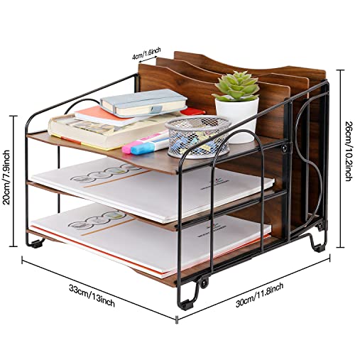 Aimeaihe Wood File Organizer, Metal Desk File Organizer with 3 Paper Letter Trays and 2 Vertical Upright Folder Holders, Desk Organizers and Accessories for Office Home School, Black
