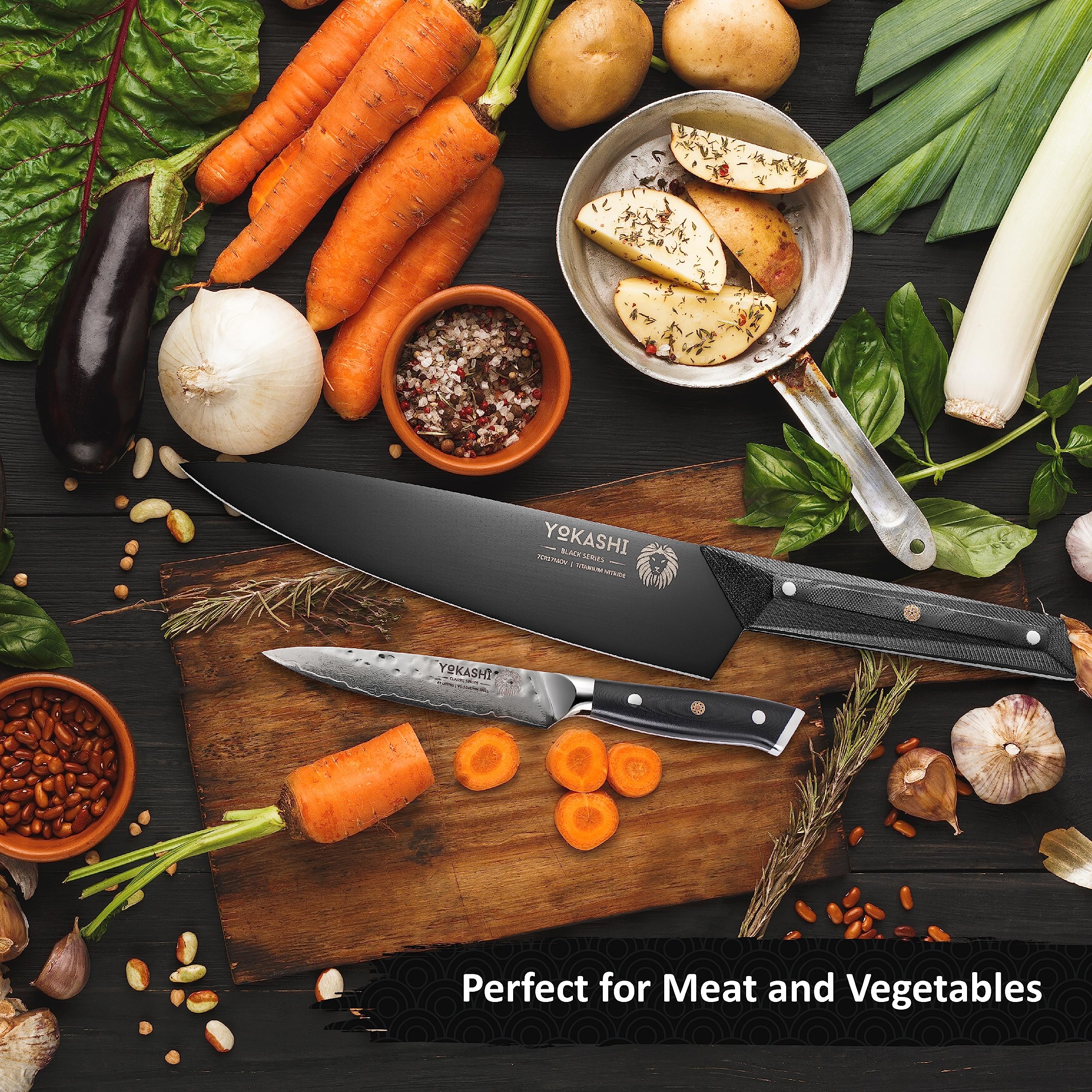 YOKASHI 67 Layers Damascus VG-10 5” Paring Knife and Black Titanium Chef Knife - Sturdy Design & Ergonomic Handles - Corrosion Resistant & Ultra Sharp Vacuum Treated Blades