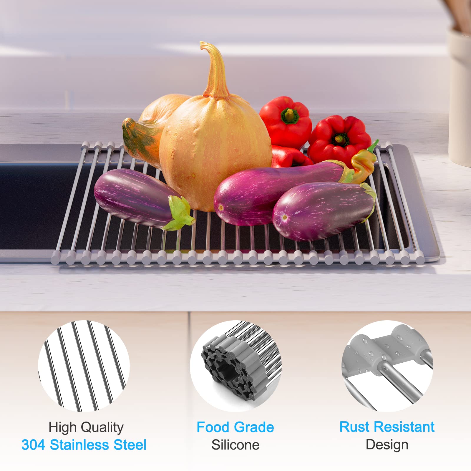 EMBATHER Roll Up Dish Drying Rack Over The Sink, Dish Drying Rack for Kitchen Counter, Multipurpose Stainless Steel Foldable Kitchen Drainer Rack with Silicone Mat, Anti-Slip, (Grey, 20.5"x15")
