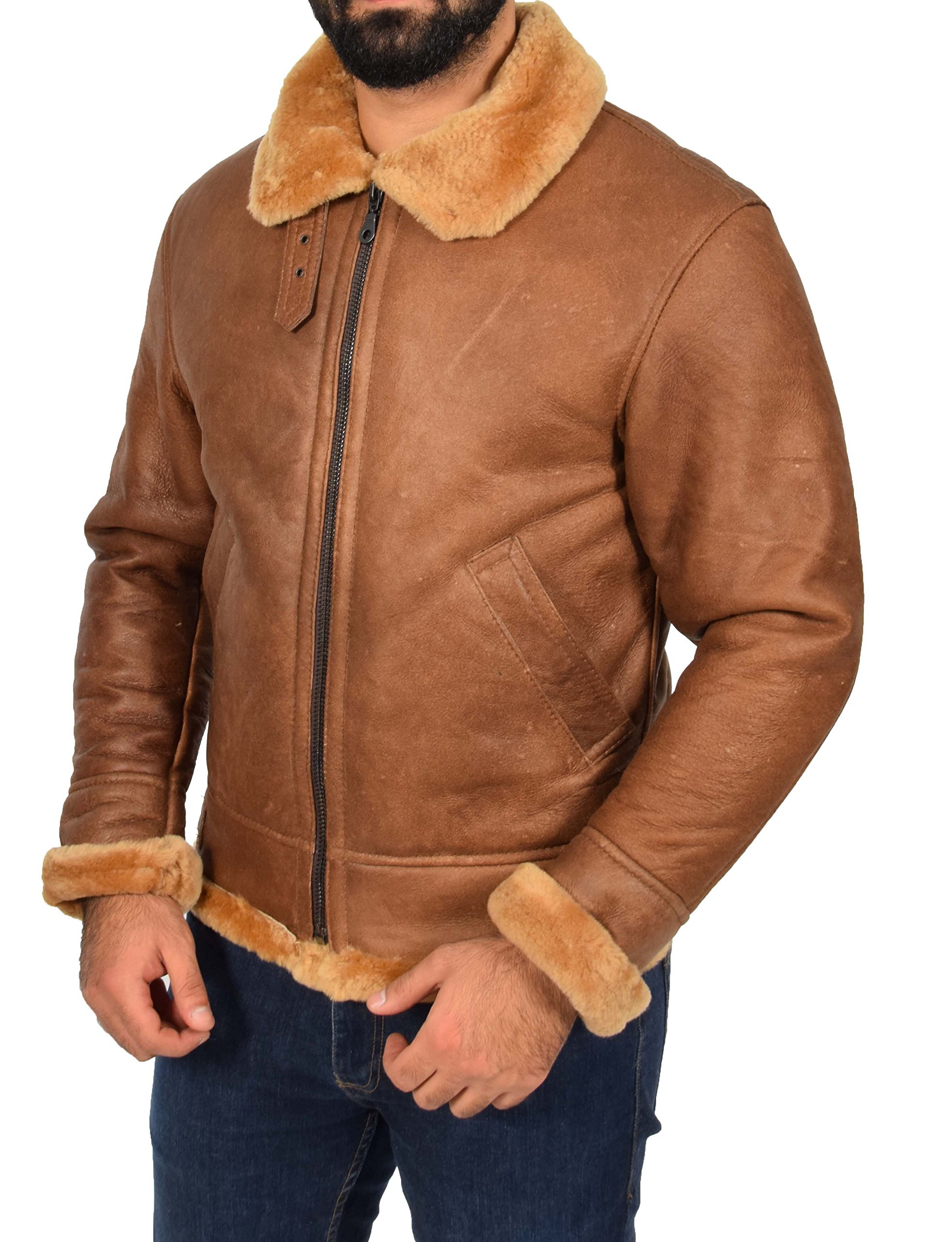 A1 FASHION GOODS Real Sheepskin Flying Jacket Vintage Tan Shearling Bomber Authentic Aviator Coat Tornado (Large)
