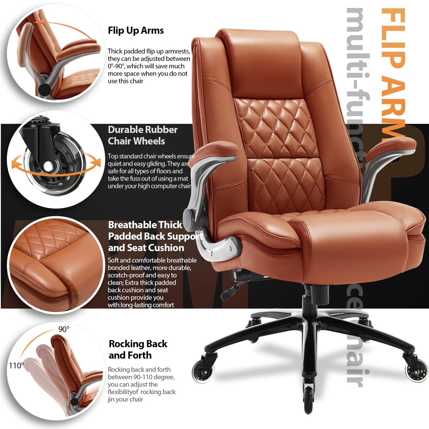 EZAKI High Back Office Chair-Flip-up Arms Executive Computer Desk Chair, Built-in Lumbar Support Thick Padded Adjustable Rock Tension Ergonomic Design for Back Pain