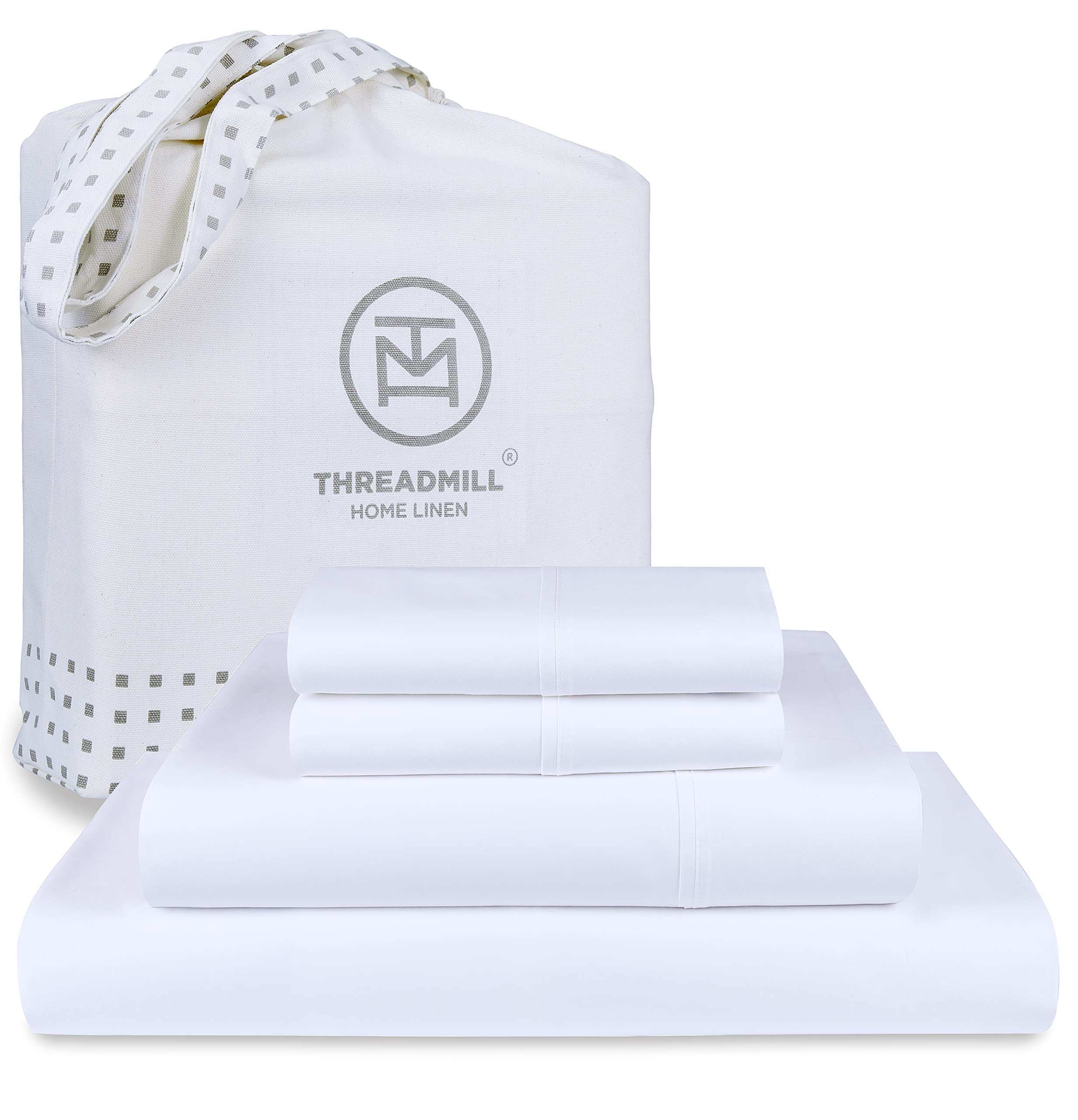 Threadmill 100% Cotton Sheets for Queen Size Bed - 600 Thread Count Queen Bed Sheets Set with 16” Deep Pocket - Sateen Weave 4-Piece Bedding Set with Cooling Effect, White