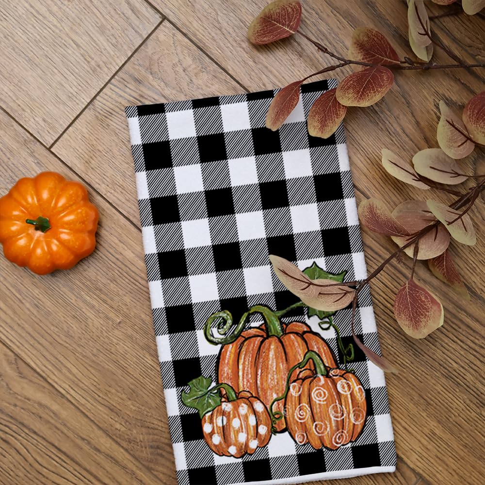 ARKENY Fall Kitchen Towels Set of 2,Black Buffalo Check Pumpkin Autumn Dish Towels 18x26 Inch Drying Dishcloth,Farmhouse Home Decoration AD127