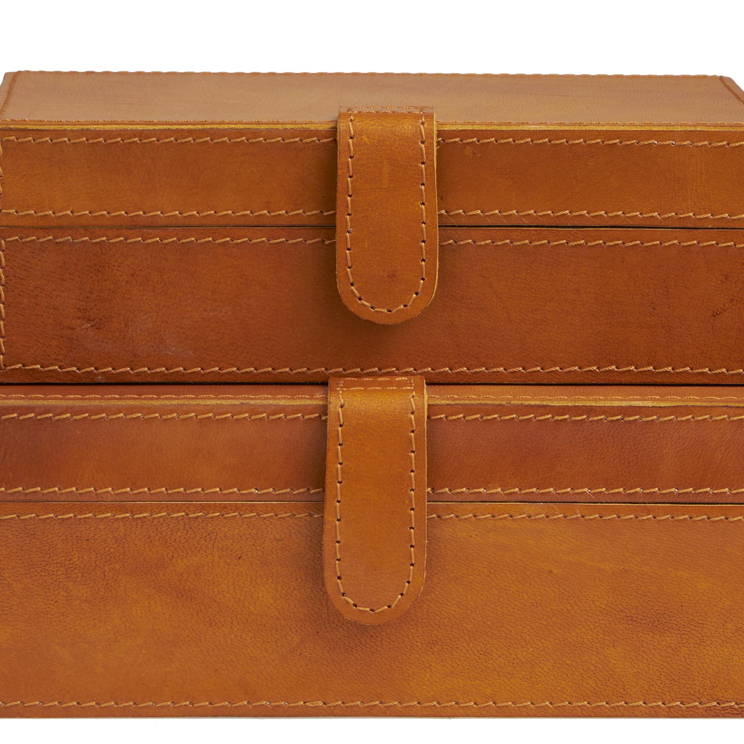 Deco 79 Leather Handmade Decorative Box Storage Decorative Keepsake Boxes with Snap Front Closure and Detailed Stitching, Set of 2 Storage Boxes 10", 8" W, Brown