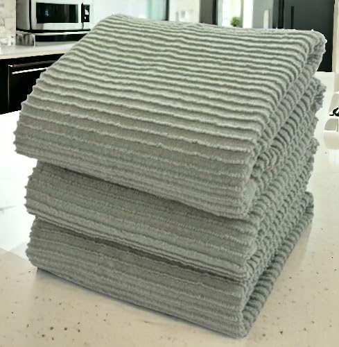Sage Green Kitchen Dish Towels 100% Cotton Cloth Soft Cleaning Drying Absorbent Terry Ribbed Loop: Set of 3 Multipurpose for Everyday Use