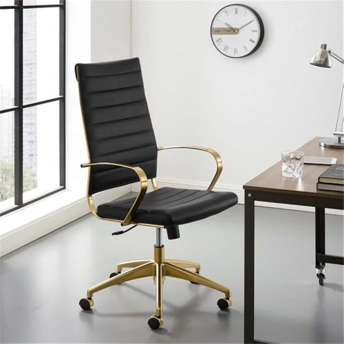 Pemberly Row Faux Leather Stainless Steel Highback Office Chair in Gold/Black