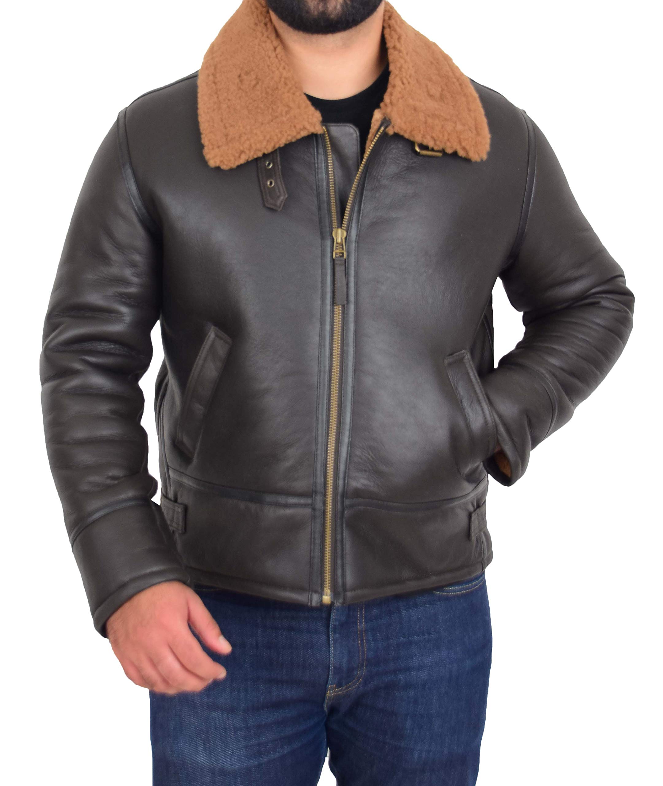 A1 FASHION GOODS Original Sheepskin Flying Jacket For Men B3 Bomber Aviator Pilots Shearling Coat Raptor (Brown/Ginger, Small)
