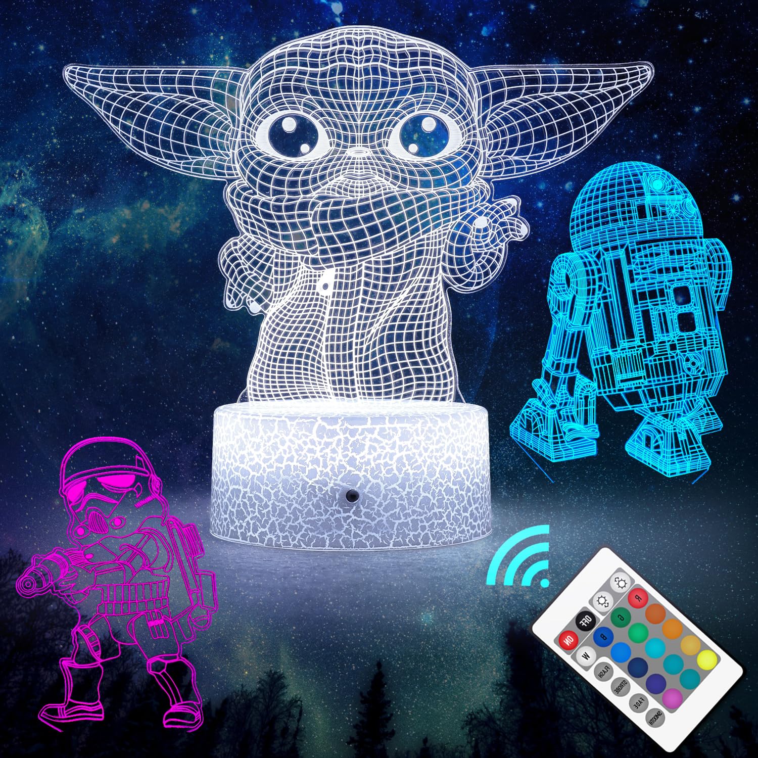 3D Illusion Star Lamp, Yoda Baby Night Light for Kids, 3 Pattern LED Wars Night Lamp for Room Decor Bedside Lamp as Christmas Gifts for Boys Girls Men