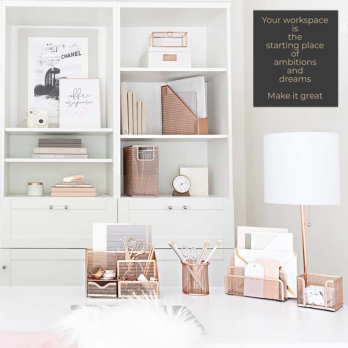 BLU MONACO 5 Piece Cute Office Supplies Rose Gold Desk Organizer Set - with Desktop Hanging File Organizer, Magazine Holder, Pen Cup, Sticky Note Holder, Letter sorter - Rose Gold Desk Accessories