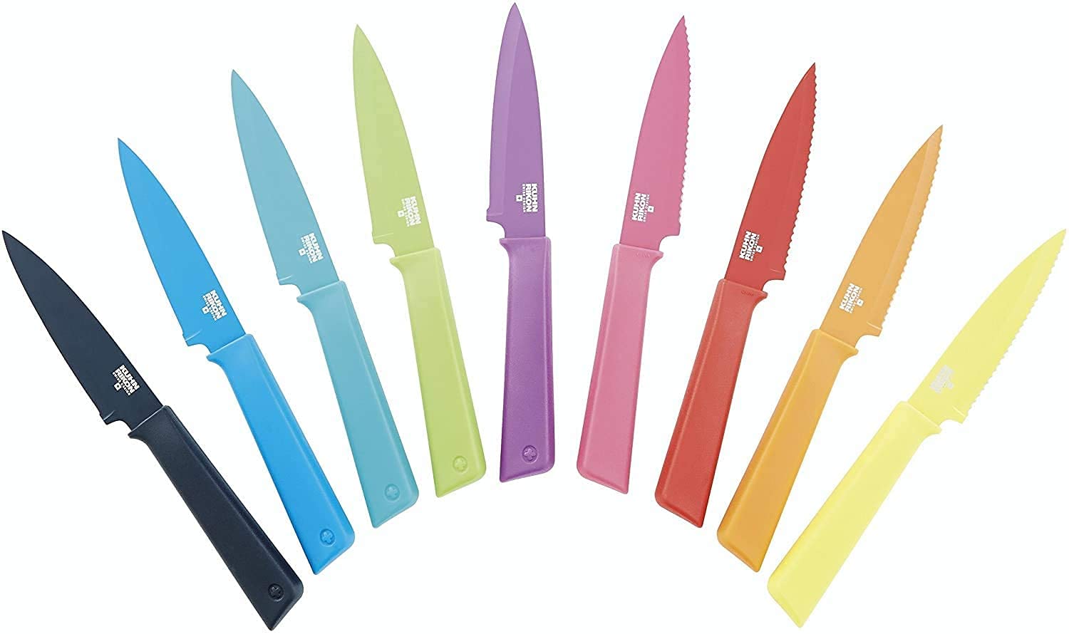 Kuhn Rikon COLORI+ Non-Stick Straight and Serrated Paring Knives with Safety Sheaths, Set of 2, Red and Green