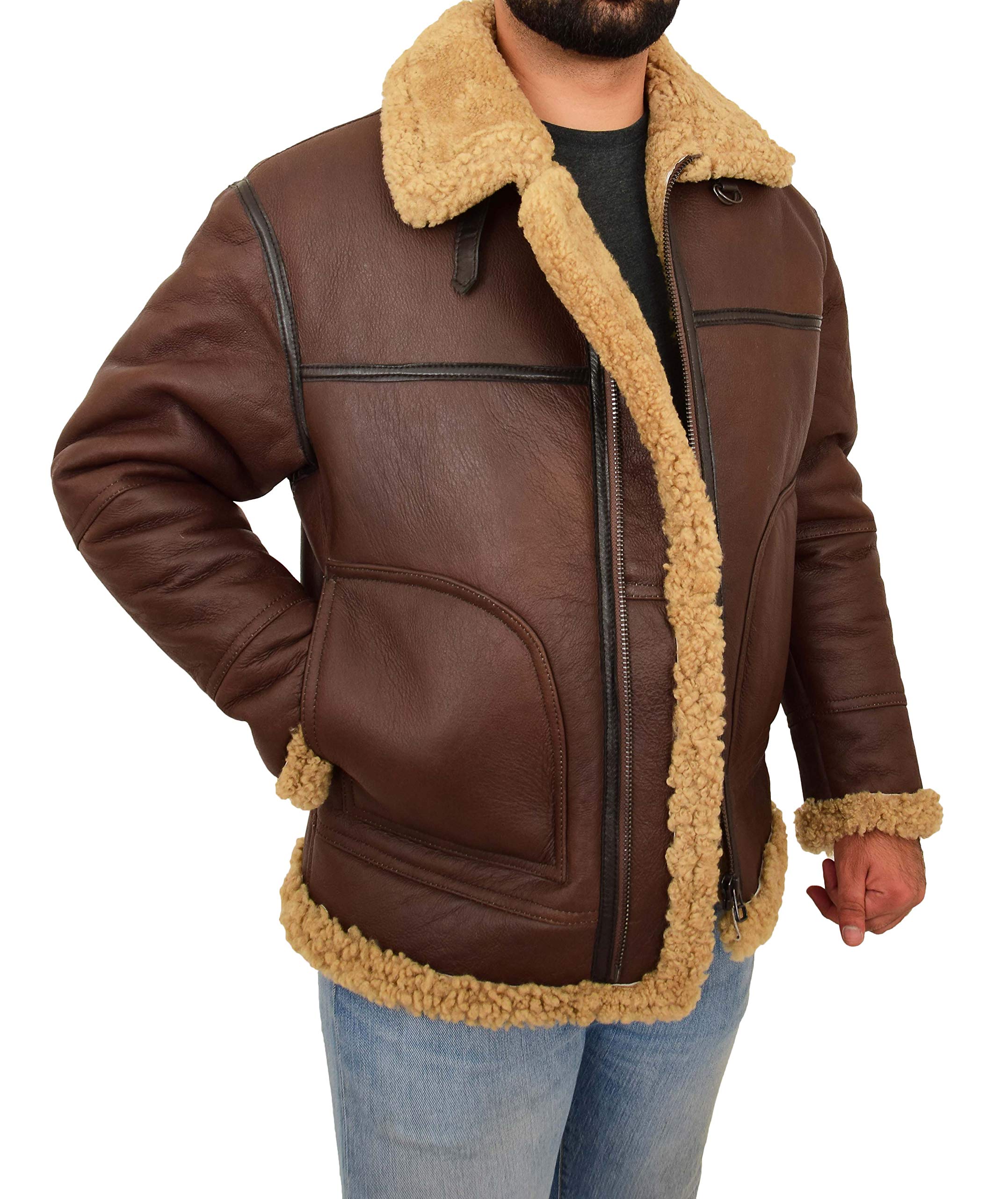 A1 FASHION GOODS Mens Brown Real Sheepskin B3 Flying Bomber Jacket Shearling Aviator Pilot Coat Larry (XXX-Large)