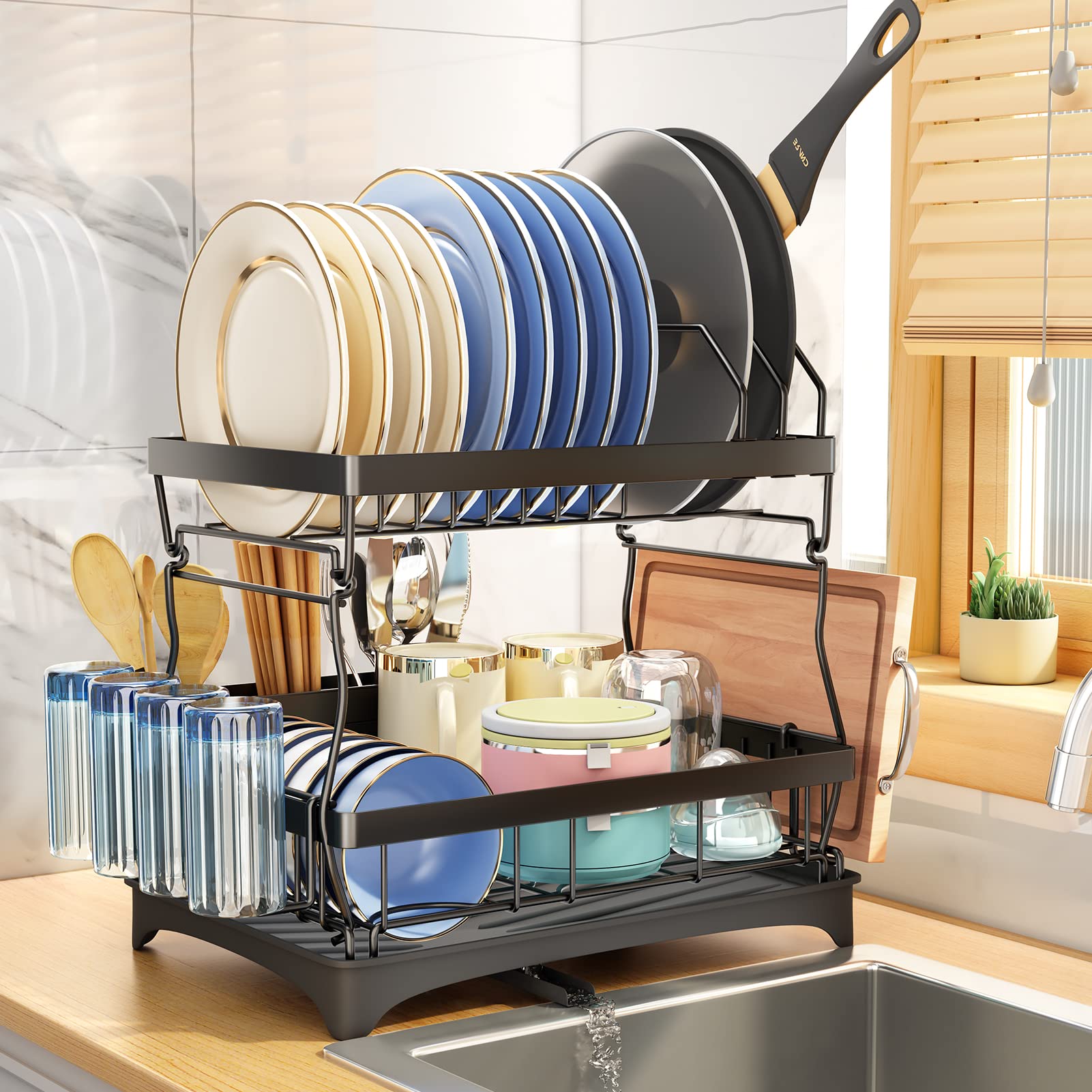 Dish Drying Rack, Detachable 2 Tier Dish Racks for Kitchen Counter with Pot Rack, Large Capacity Dish Drainer with Drainboard Organizer Shelf with Utensil Holder, Cup Rack, Cutting Board Holder, Black