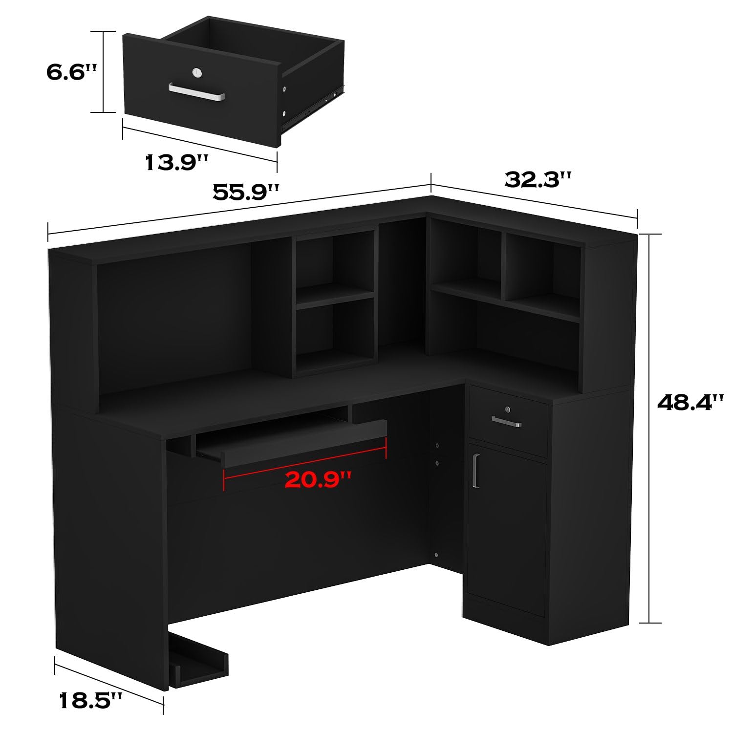 DiDuGo Reception Desk Front Desk Reception Counter, L Shaped Reception Room Table with Storage, Keyboard & Shelves and Drawer, for Salon Office Black (55.9”W x 32.3”D x 48.4”H)