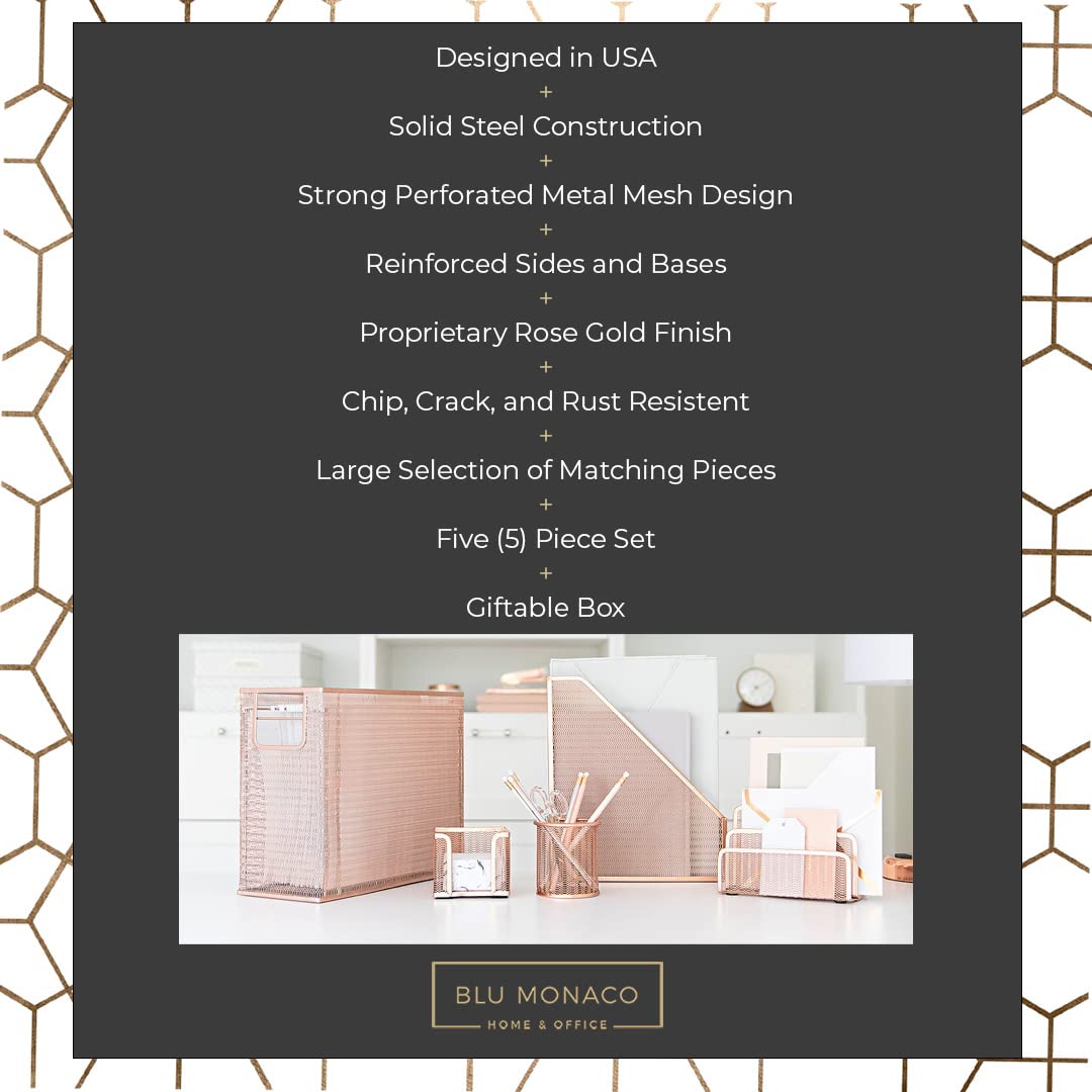 BLU MONACO 5 Piece Cute Office Supplies Rose Gold Desk Organizer Set - with Desktop Hanging File Organizer, Magazine Holder, Pen Cup, Sticky Note Holder, Letter sorter - Rose Gold Desk Accessories