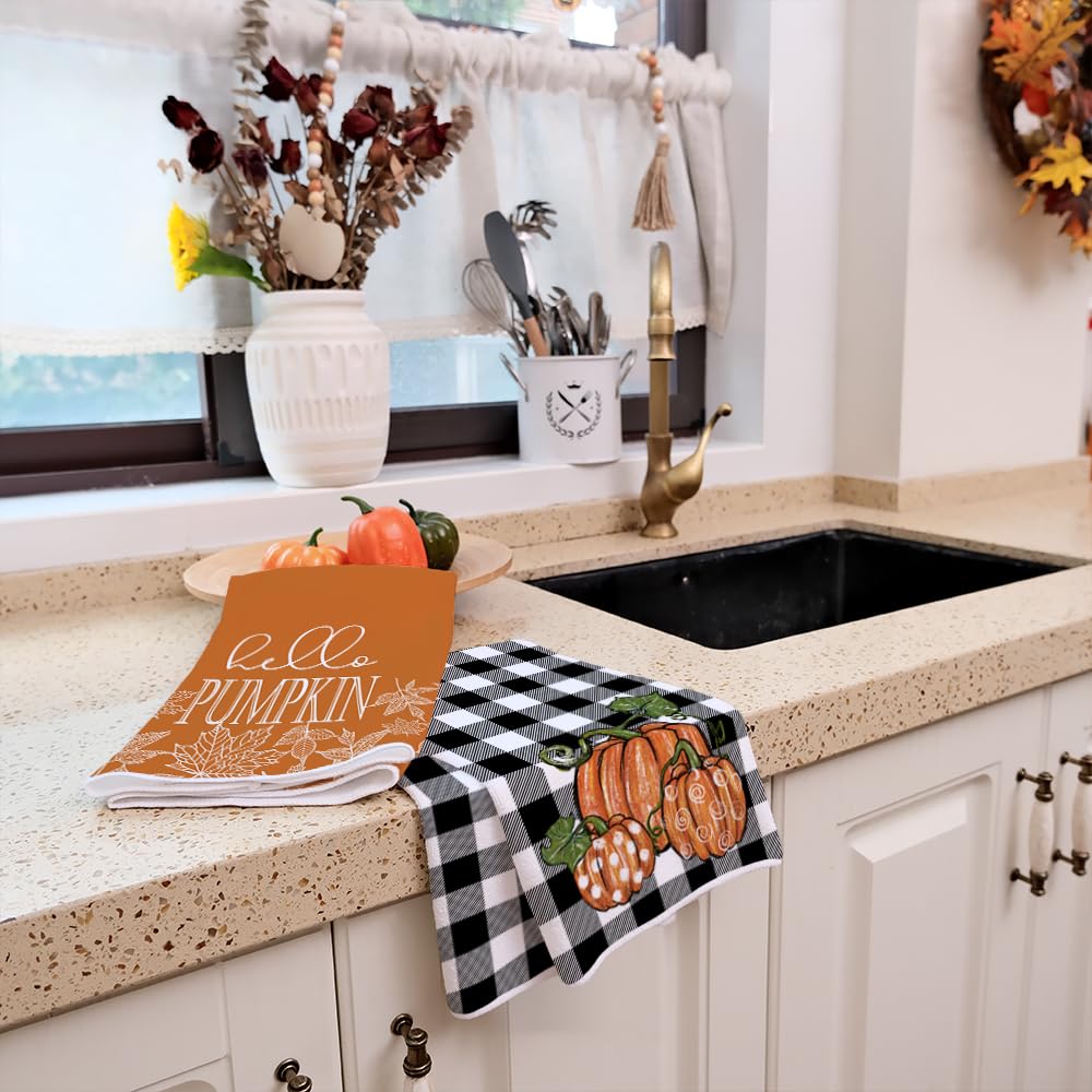 ARKENY Fall Kitchen Towels Set of 2,Black Buffalo Check Pumpkin Autumn Dish Towels 18x26 Inch Drying Dishcloth,Farmhouse Home Decoration AD127