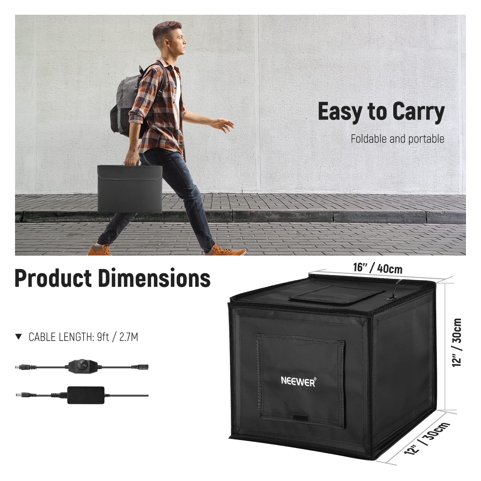NEEWER Foldable Portable Photo Studio Light Box with Dimmable LED Lighting, 16 x 12 x 12 Inches 5600K CRI 95+, 4 Color Backdrops Photography Tent Kit for Jewelry Product
