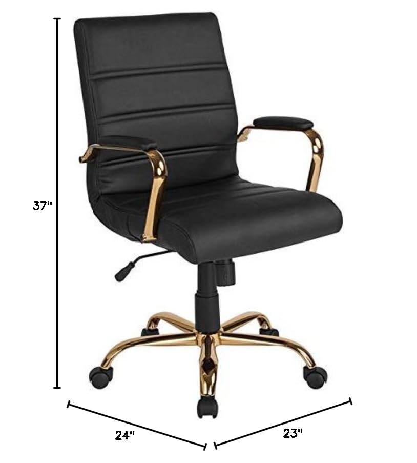 Pemberly Row Mid Back Leather Office Swivel Chair in Black and Gold