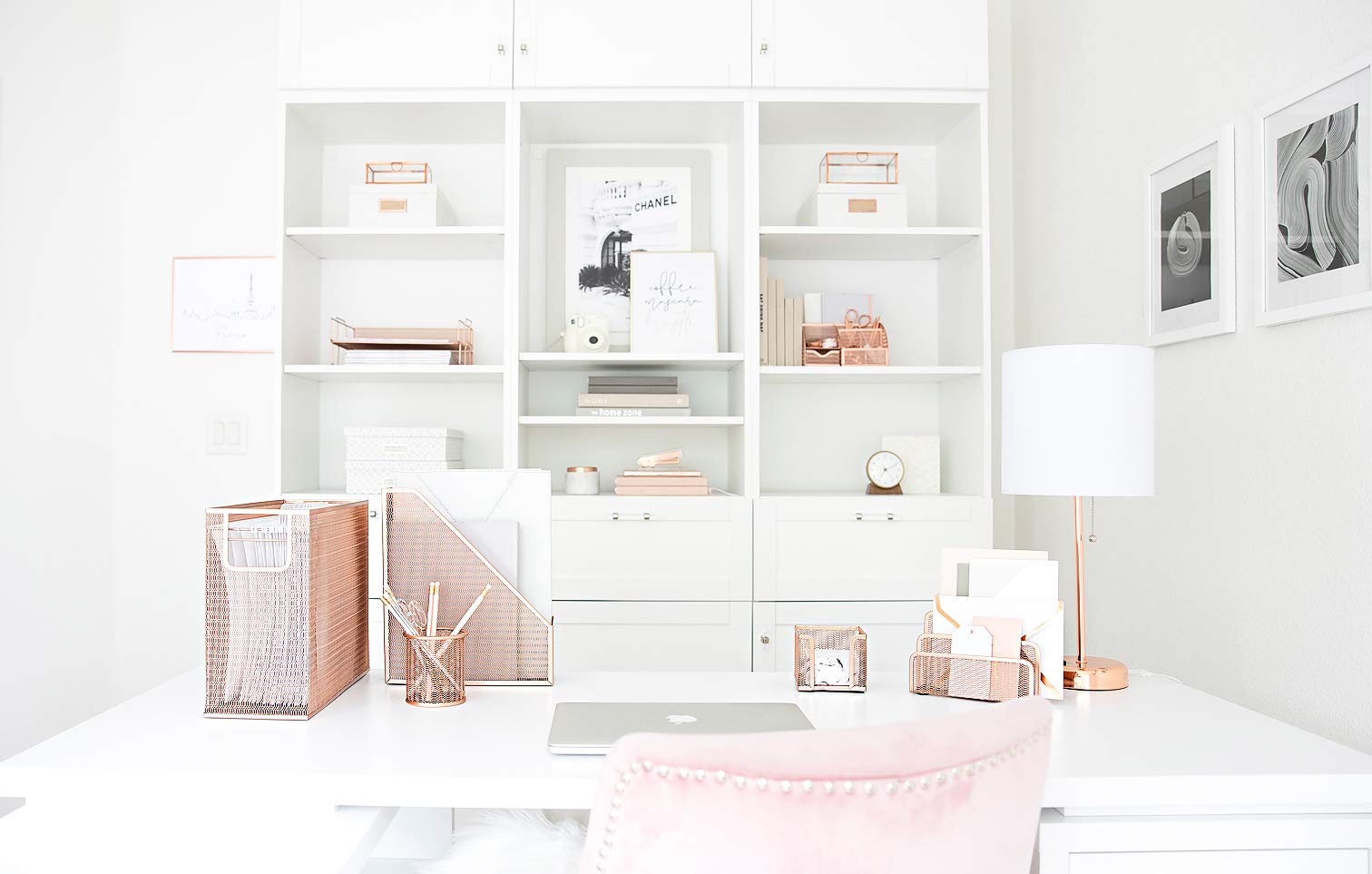 BLU MONACO 5 Piece Cute Office Supplies Rose Gold Desk Organizer Set - with Desktop Hanging File Organizer, Magazine Holder, Pen Cup, Sticky Note Holder, Letter sorter - Rose Gold Desk Accessories