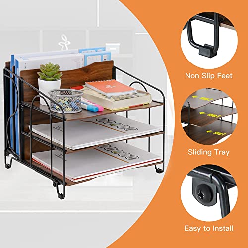 Aimeaihe Wood File Organizer, Metal Desk File Organizer with 3 Paper Letter Trays and 2 Vertical Upright Folder Holders, Desk Organizers and Accessories for Office Home School, Black