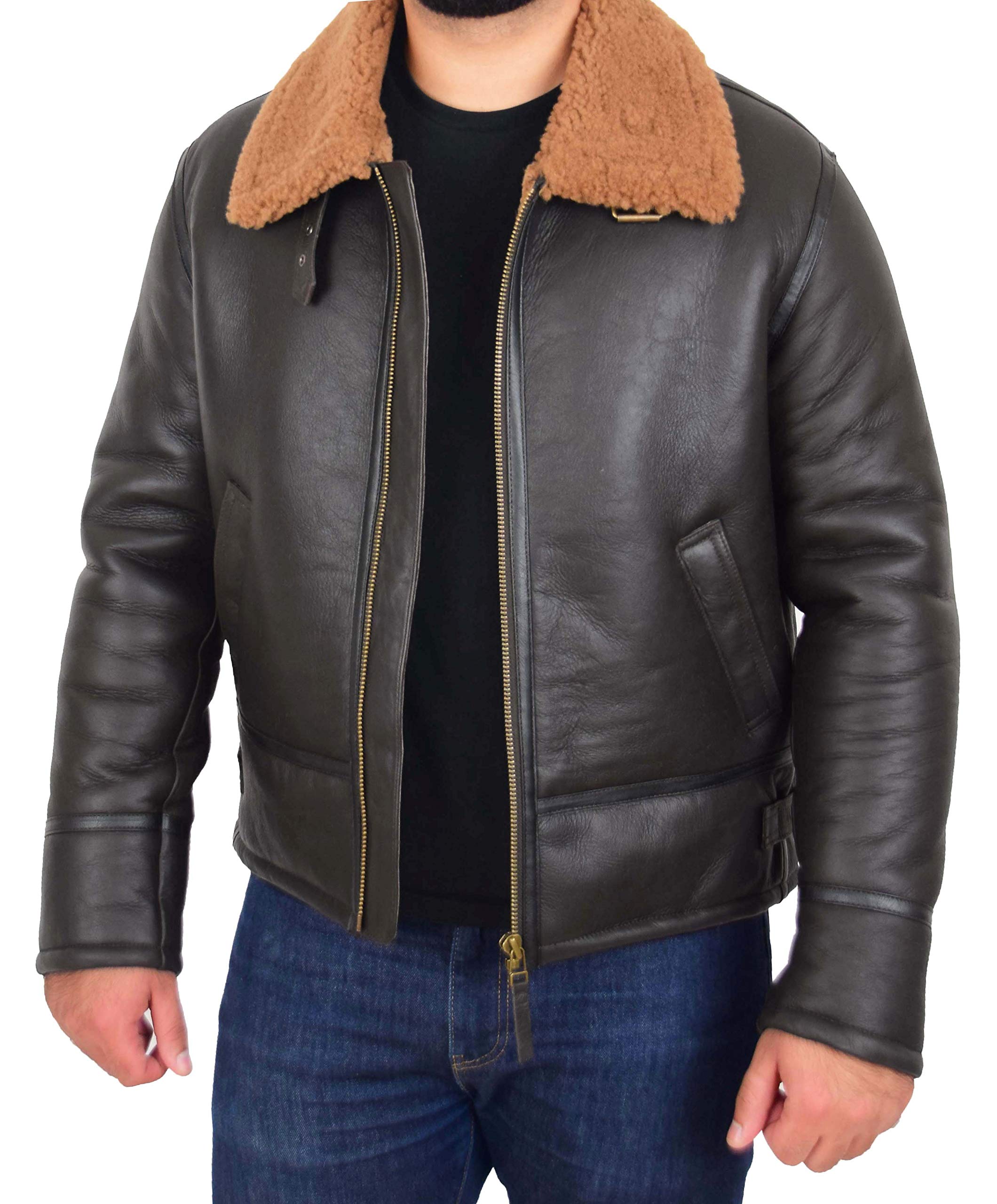 A1 FASHION GOODS Original Sheepskin Flying Jacket For Men B3 Bomber Aviator Pilots Shearling Coat Raptor (Brown/Ginger, Small)