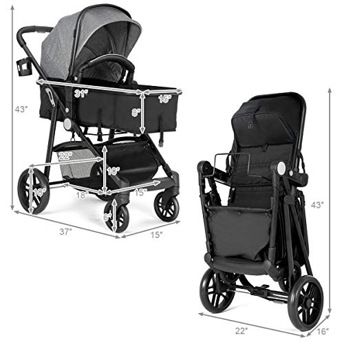 BABY JOY Baby Stroller, 2 in 1 Convertible Carriage Bassinet to Stroller, Pushchair with Foot Cover, Cup Holder, Large Storage Space, Wheels Suspension, 5-Point Harness (Gray)