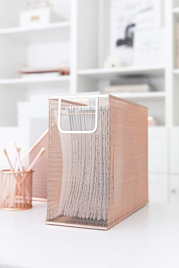 BLU MONACO 5 Piece Cute Office Supplies Rose Gold Desk Organizer Set - with Desktop Hanging File Organizer, Magazine Holder, Pen Cup, Sticky Note Holder, Letter sorter - Rose Gold Desk Accessories