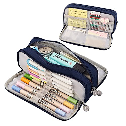 Meyas Big Capacity Pencil Pen Case 3 Compartments,Office College School Large Storage Pouch Marker Pen Case Pen Holder, Stationery Bag Organizer Zipper Pouch Pen Bag,Pencil Pouch Pen Holder(Dark Blue)