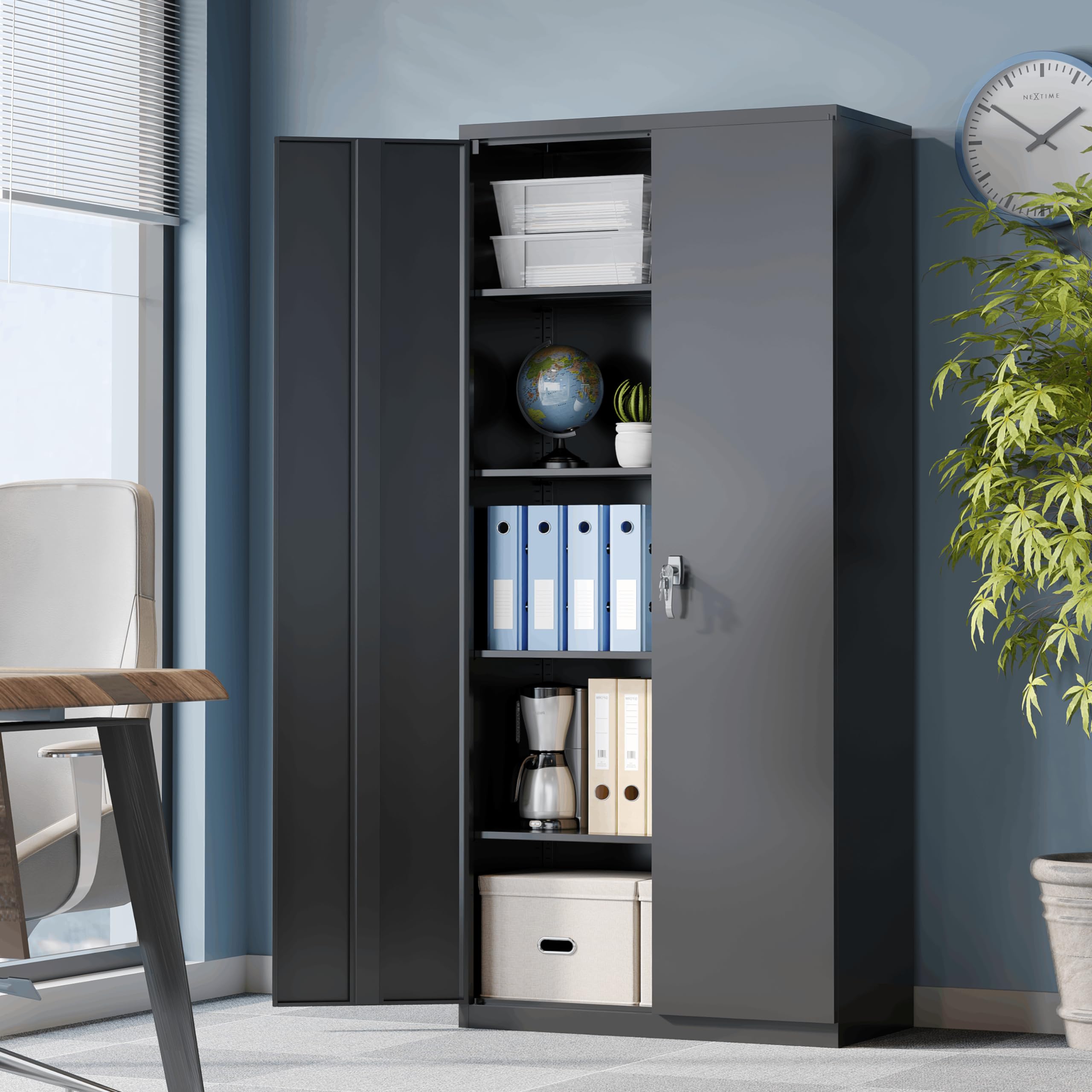 FLEXIMOUNTS Metal Storage Cabinet, 5-Tier Locking Cabinet with 4 Adjustable Shelves and 2 Doors, 71" H, Large-Capacity Cabinet for Garage, Home, Office, Laundry Storage, Black