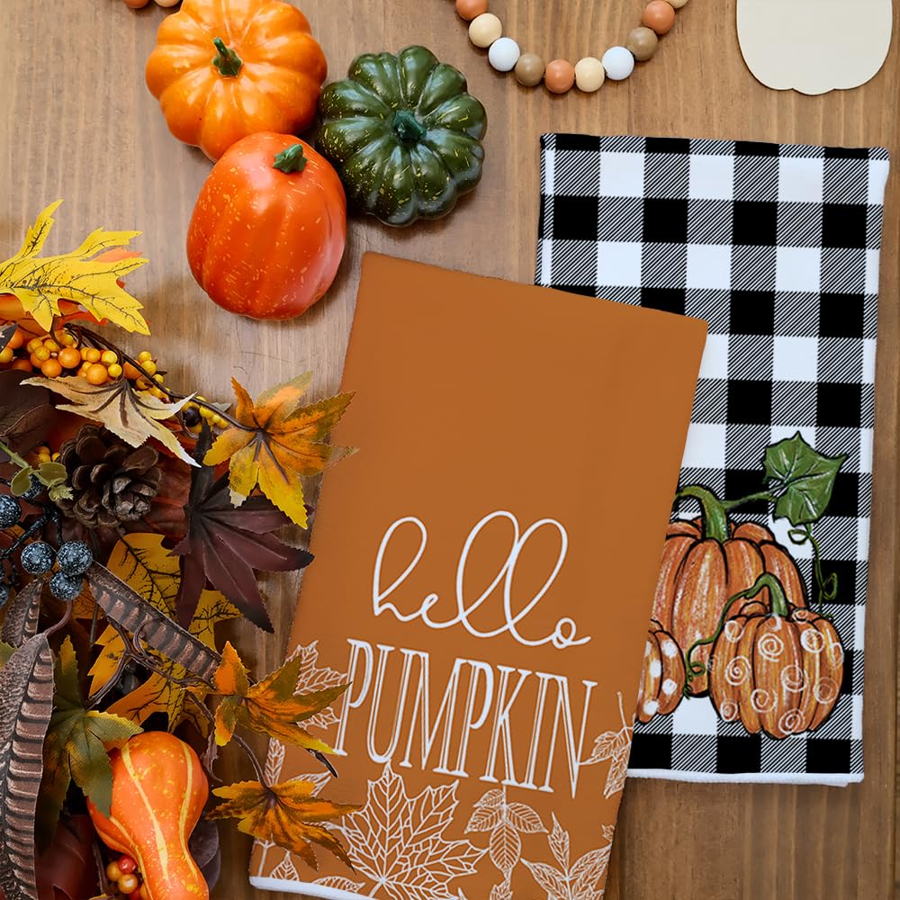 ARKENY Fall Kitchen Towels Set of 2,Black Buffalo Check Pumpkin Autumn Dish Towels 18x26 Inch Drying Dishcloth,Farmhouse Home Decoration AD127