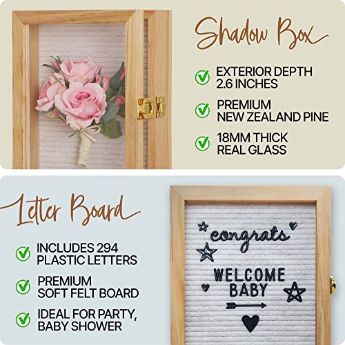 MOHNIC Shadow Box Frame with Changeable Letter Board β 8x10 inch Shadow Box Display Case with Felt Letter Board β Picture Frame, Memory Box for Photos, Artworks, Medals, and More (Natural Wood)