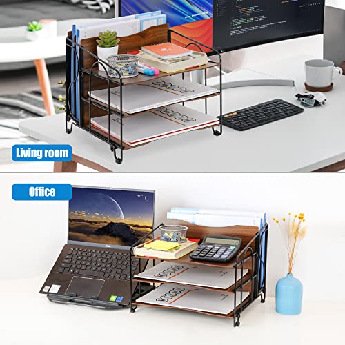 Aimeaihe Wood File Organizer, Metal Desk File Organizer with 3 Paper Letter Trays and 2 Vertical Upright Folder Holders, Desk Organizers and Accessories for Office Home School, Black