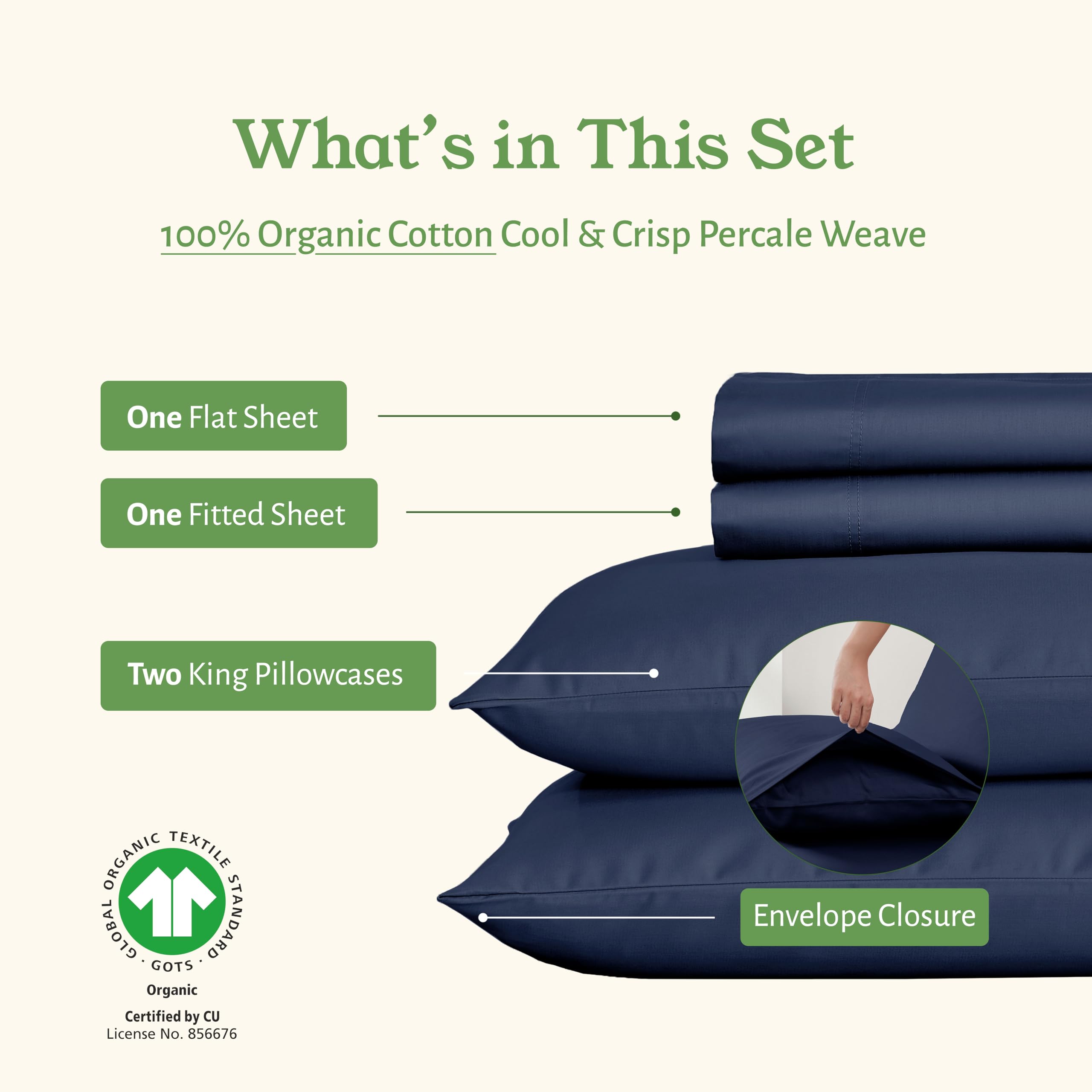 California Design Den 100% Organic Cotton Sheets King Size Set - Crisp Percale Deep Pocket Sheets, GOTS Certified, Cool and Durable Bedding Set - Navy Blue