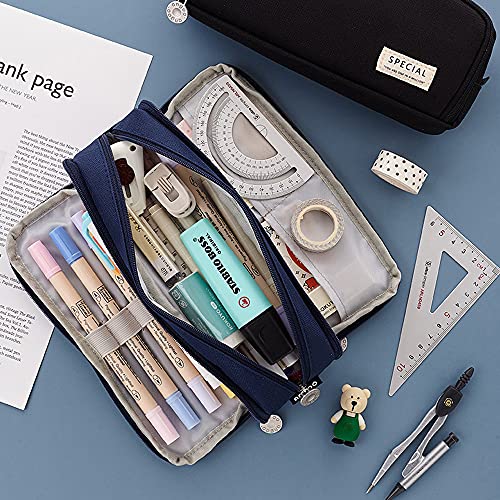 Meyas Big Capacity Pencil Pen Case 3 Compartments,Office College School Large Storage Pouch Marker Pen Case Pen Holder, Stationery Bag Organizer Zipper Pouch Pen Bag,Pencil Pouch Pen Holder(Dark Blue)
