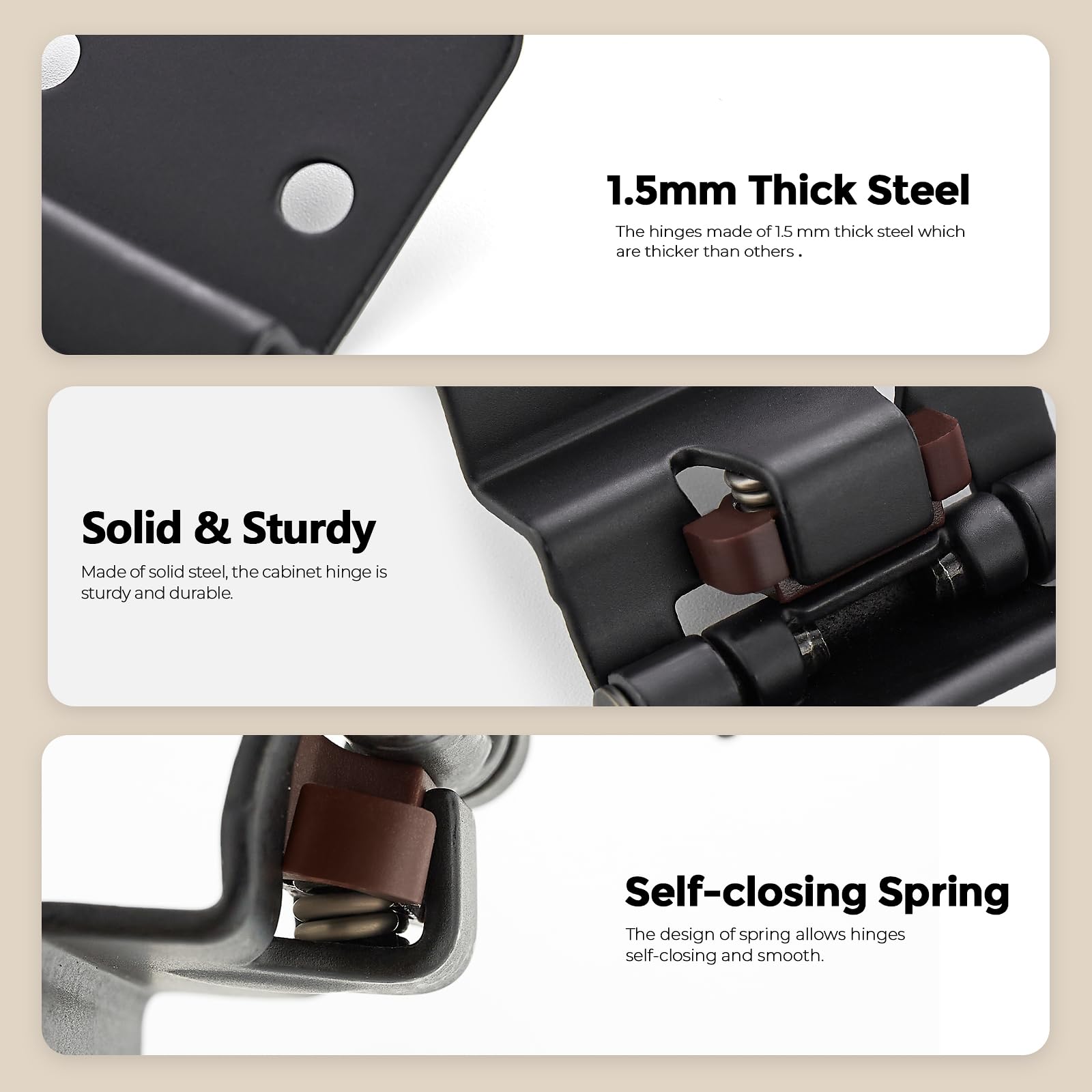 50 Pack 25 Pair Black Cabinet Hinges - 3/8 inch Inset Kitchen Cabinet Hinges, Semi-Concealed Hinges, Self Closing Cabinet Door Hinges with Door Bumper Flush Face Mount Cupboard Hardware