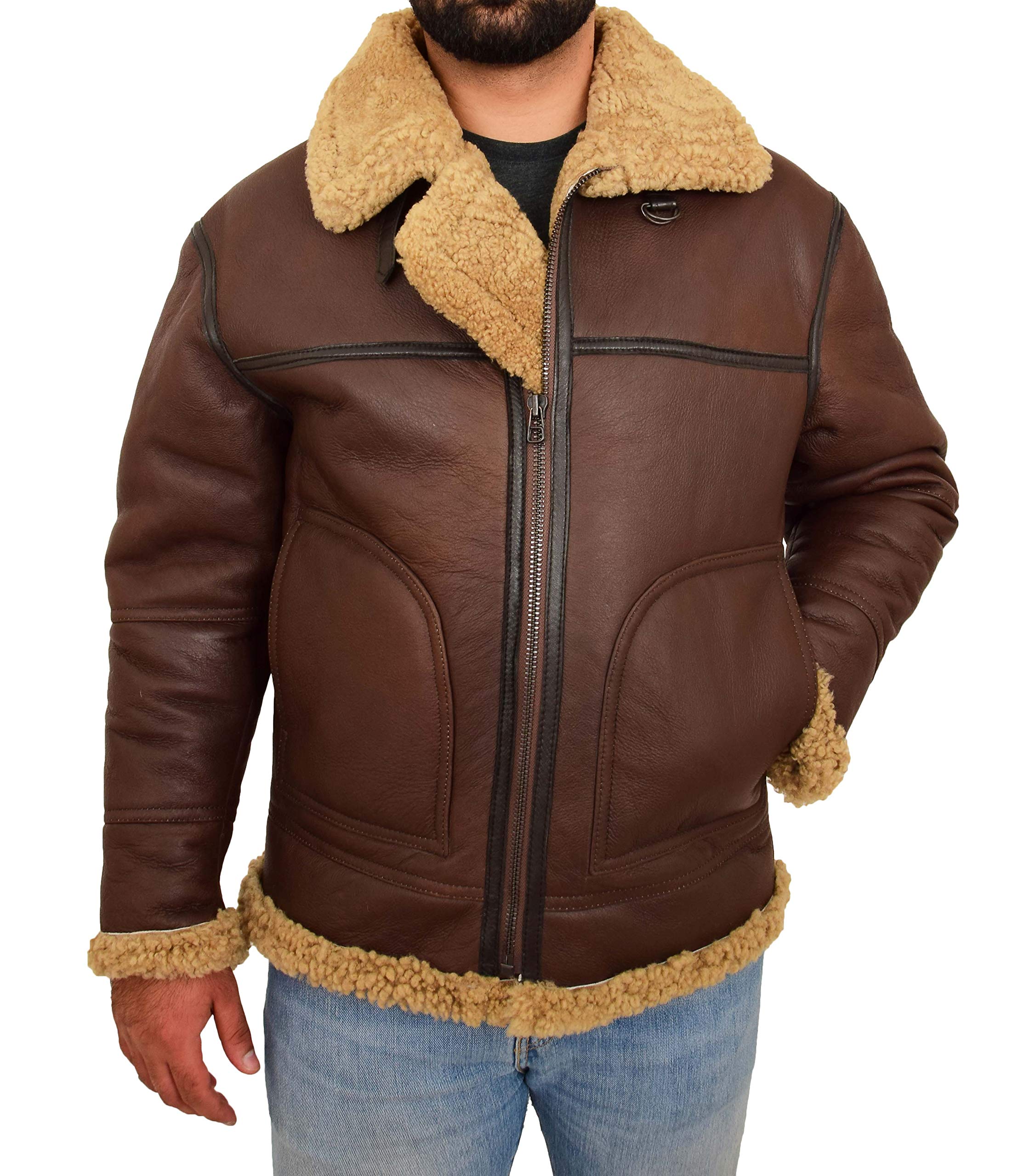 A1 FASHION GOODS Mens Brown Real Sheepskin B3 Flying Bomber Jacket Shearling Aviator Pilot Coat Larry (XXX-Large)