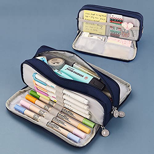 Meyas Big Capacity Pencil Pen Case 3 Compartments,Office College School Large Storage Pouch Marker Pen Case Pen Holder, Stationery Bag Organizer Zipper Pouch Pen Bag,Pencil Pouch Pen Holder(Dark Blue)