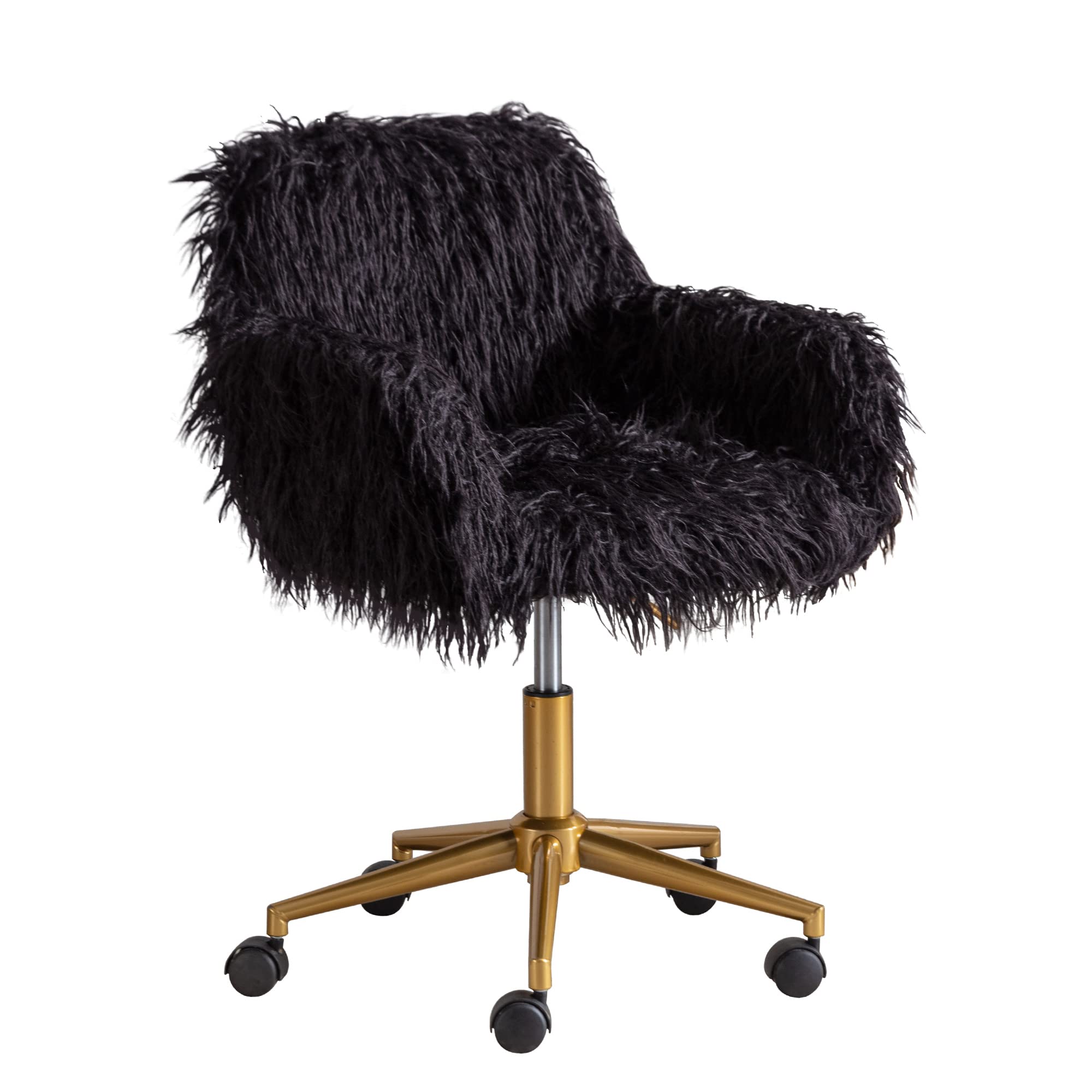 KCC Fluffy Office Desk Chair, Faux Fur Modern Swivel Armchair with Wheels, Soft Comfy Fuzzy Elegant Accent Makeup Vanity Chairs for Women Girls, Home Living Dressing Room Bedroom, Black