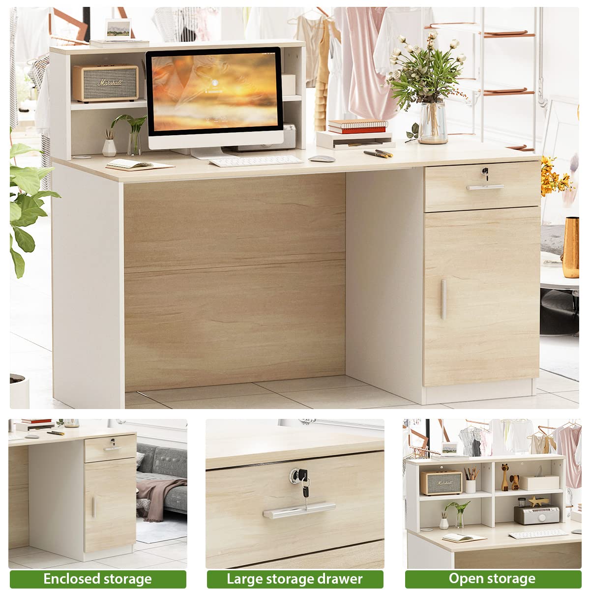 AGOTENI Reception Desk, Front Counter Desk with Lockable Drawer & Open Shelf, Reception Table Wooden Computer Desk for Office Reception Room, Oak