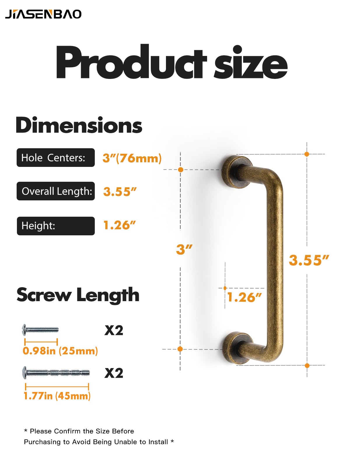 JIASENBAO 2 Pack Antique Brass Cabinet Bar Pulls 3" Hole Center Classic Vintage Retro Drawer Handles Kitchen Cupboard Bathroom Dresser Cabinet Hardware