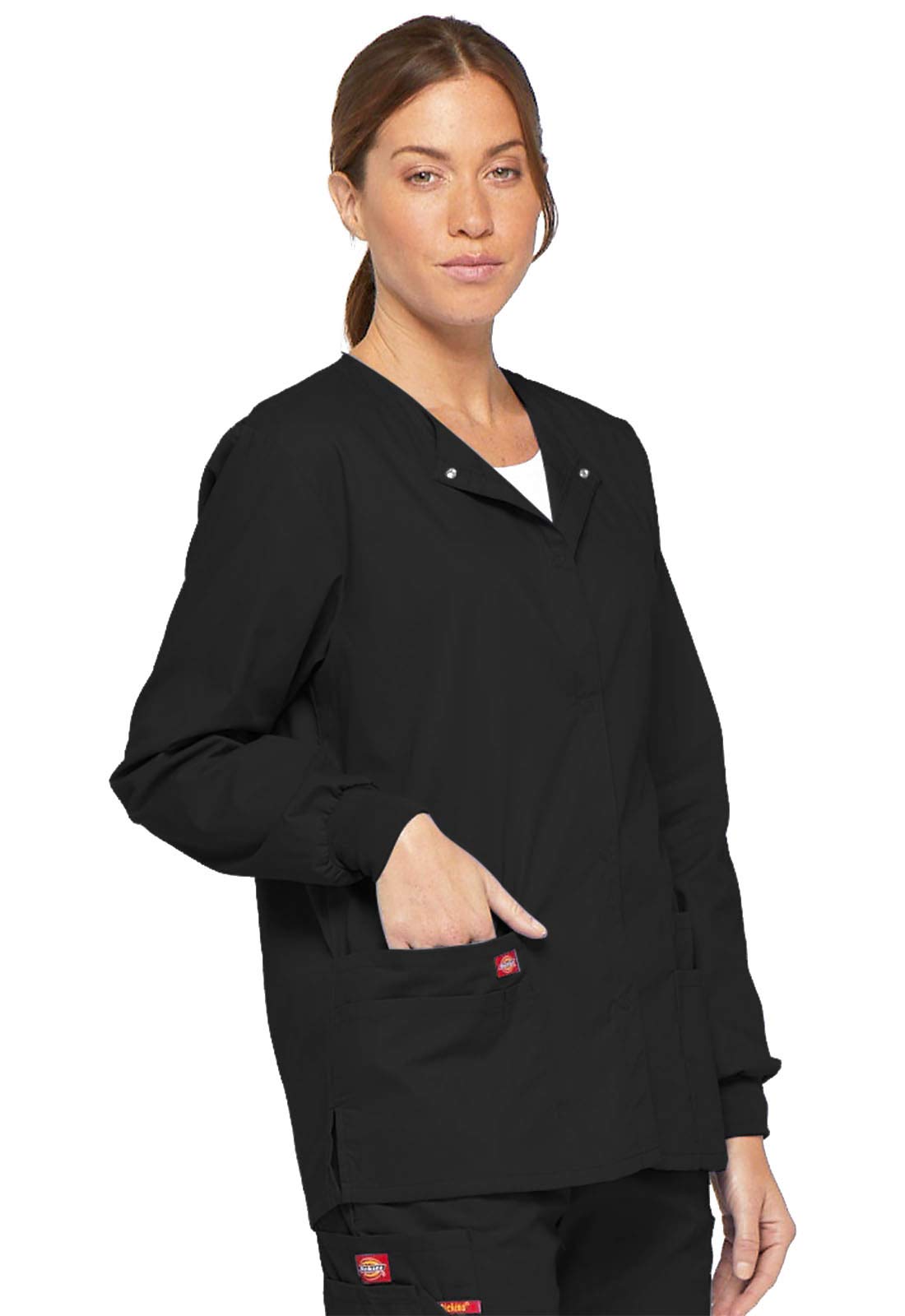 Dickies Women's Plus Size EDS Signature Scrubs Missy Fit Snap Front Warm-Up Jacket, Black, XX-Large