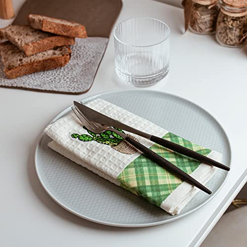 Lavien Home, Kitchen Dish Towels with Cactus Embroidered, Decorative Succulent Flowers Cute Tea Towels Turkish Cotton Waffle Weave 16 x 24 inches (Set of 4)