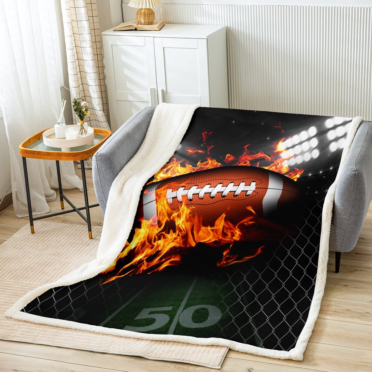 American Football Bed Blanket Kids Girls Sports Theme Sherpa Blanket Soft Cozy Lightweight Flame Football Plush Fleece Black and Gold Blanket Gifts for Bed Chair Office Sofa(Throw 50"x60")
