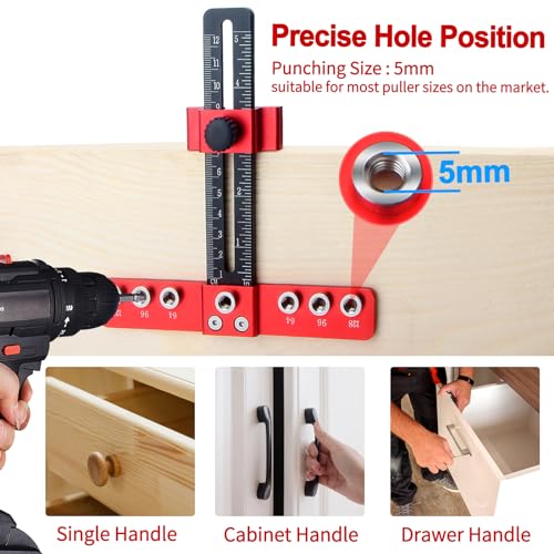 YoHold Cabinet Hardware Jig Tool, Aluminium Alloy Adjustable Cabinet Handle Install Template Tool, Punch Locator Drill Template Guide, Cabinet Hole Drilling Template for Knobs, Handles,Pulls,7 Holes