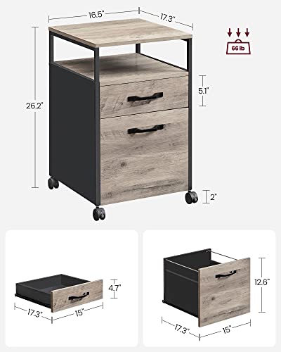 VASAGLE File Cabinet, Mobile Filing Cabinet with Wheels, 2 Drawers, Open Shelf, for A4, Letter Size, Hanging File Folders, Heather Greige and Ink Black UOFC071B02