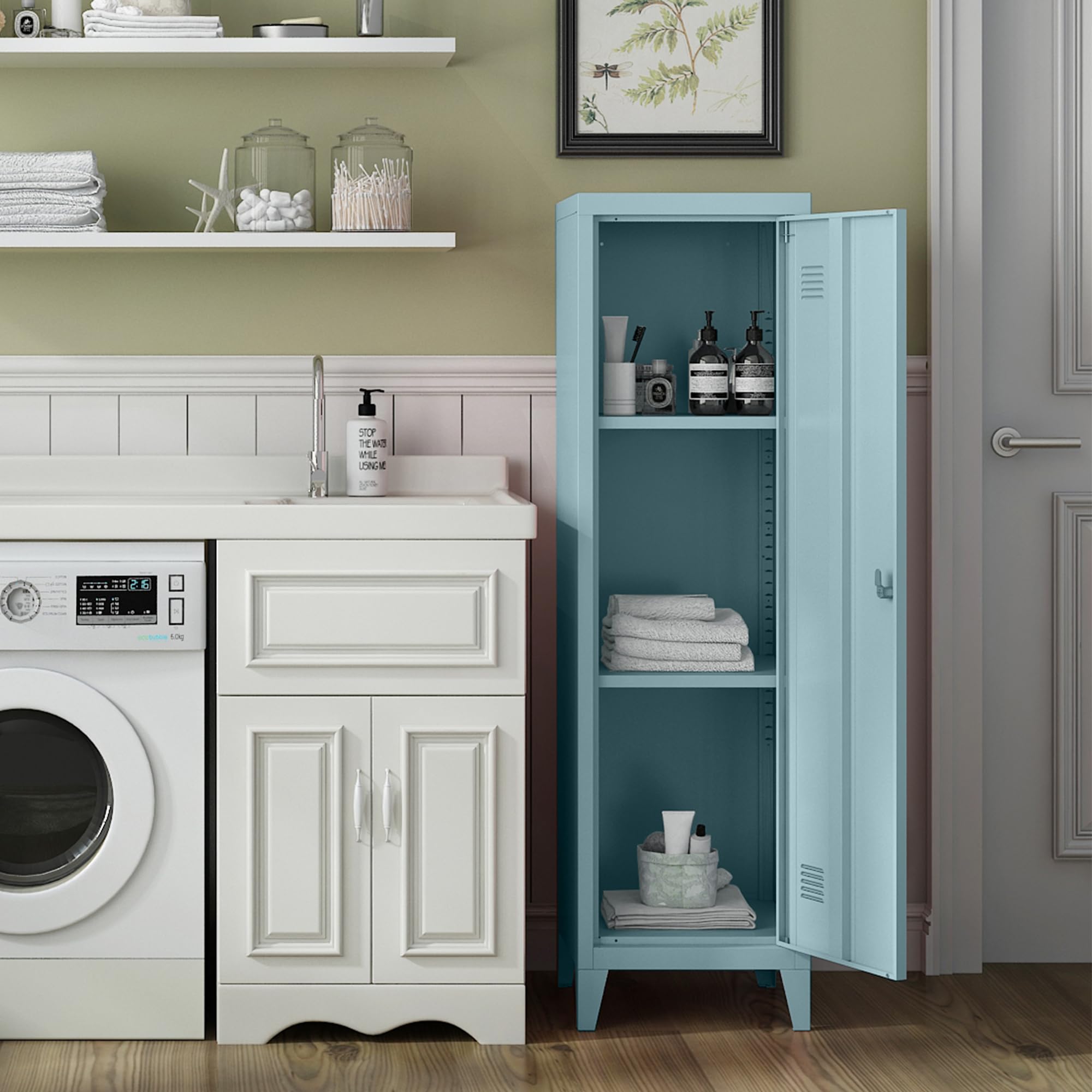 MIOCASA Metal Cabinet Home Office Storage Cabinets with Doors and Shelves Lockable 3 Door File Cabinet Organizer Coat Lockers for Kids (Blue)