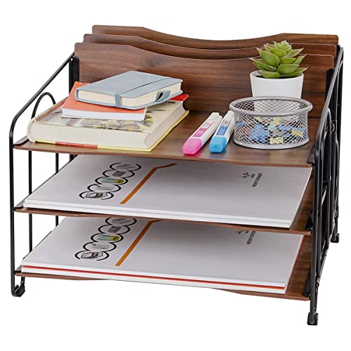 Aimeaihe Wood File Organizer, Metal Desk File Organizer with 3 Paper Letter Trays and 2 Vertical Upright Folder Holders, Desk Organizers and Accessories for Office Home School, Black