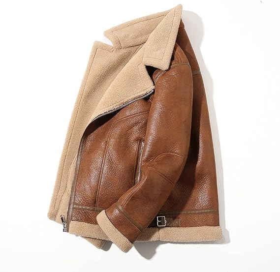 Men's Vintage Brown Sheepskin Bomber Jacket - Timeless Aviator with Sherpa Shearling Faux Fur Lining (US, Alpha, Medium, Regular, Regular)