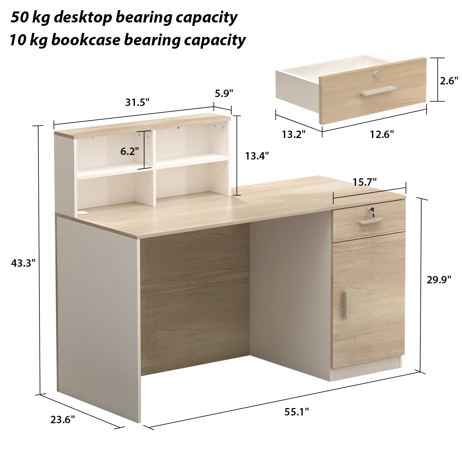 AGOTENI Reception Desk, Front Counter Desk with Lockable Drawer & Open Shelf, Reception Table Wooden Computer Desk for Office Reception Room, Oak