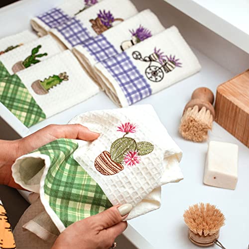 Lavien Home, Kitchen Dish Towels with Cactus Embroidered, Decorative Succulent Flowers Cute Tea Towels Turkish Cotton Waffle Weave 16 x 24 inches (Set of 4)