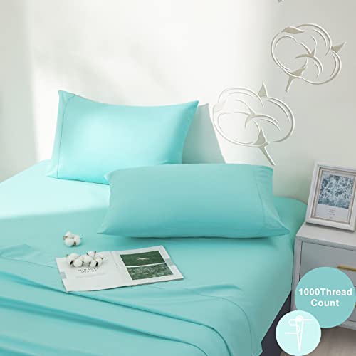 LBRO2M 1000 Thread Count 100% Egyptian Cotton King Size Sheets Set,Breathable Wrinkle Bed Sheet 4 Piece Sets,16 Inches Deep Pocket,Soft Comforterble,Sateen Weave Long Stapl,Lake Green